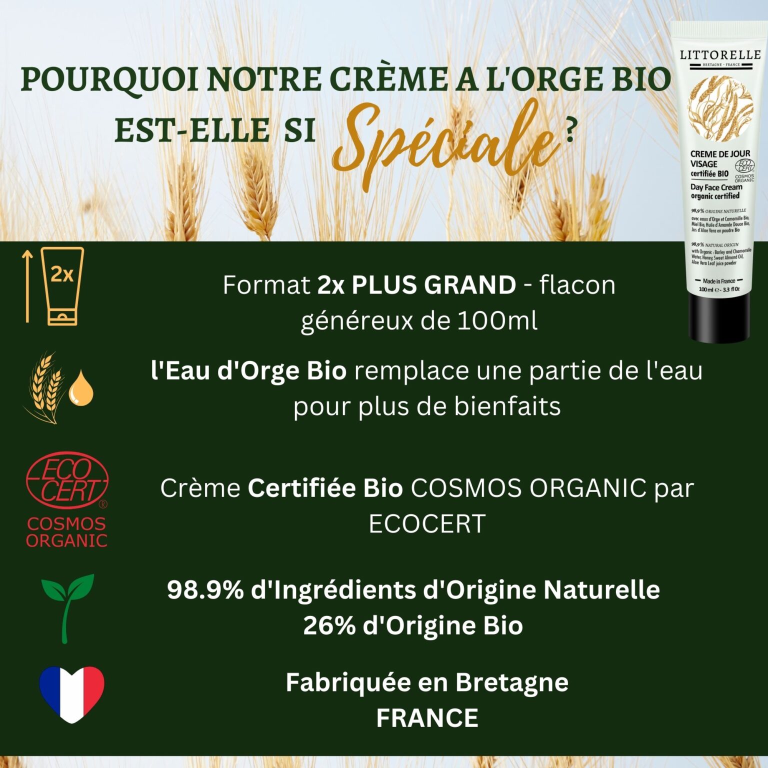 Crème Visage Certifiée Bio à l'Orge Bio - Hydratante & Anti-âge